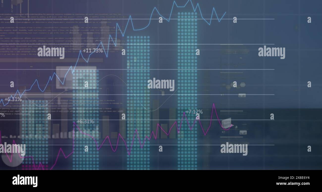 Image of statistics and financial data processing over grid Stock Photo - Alamy