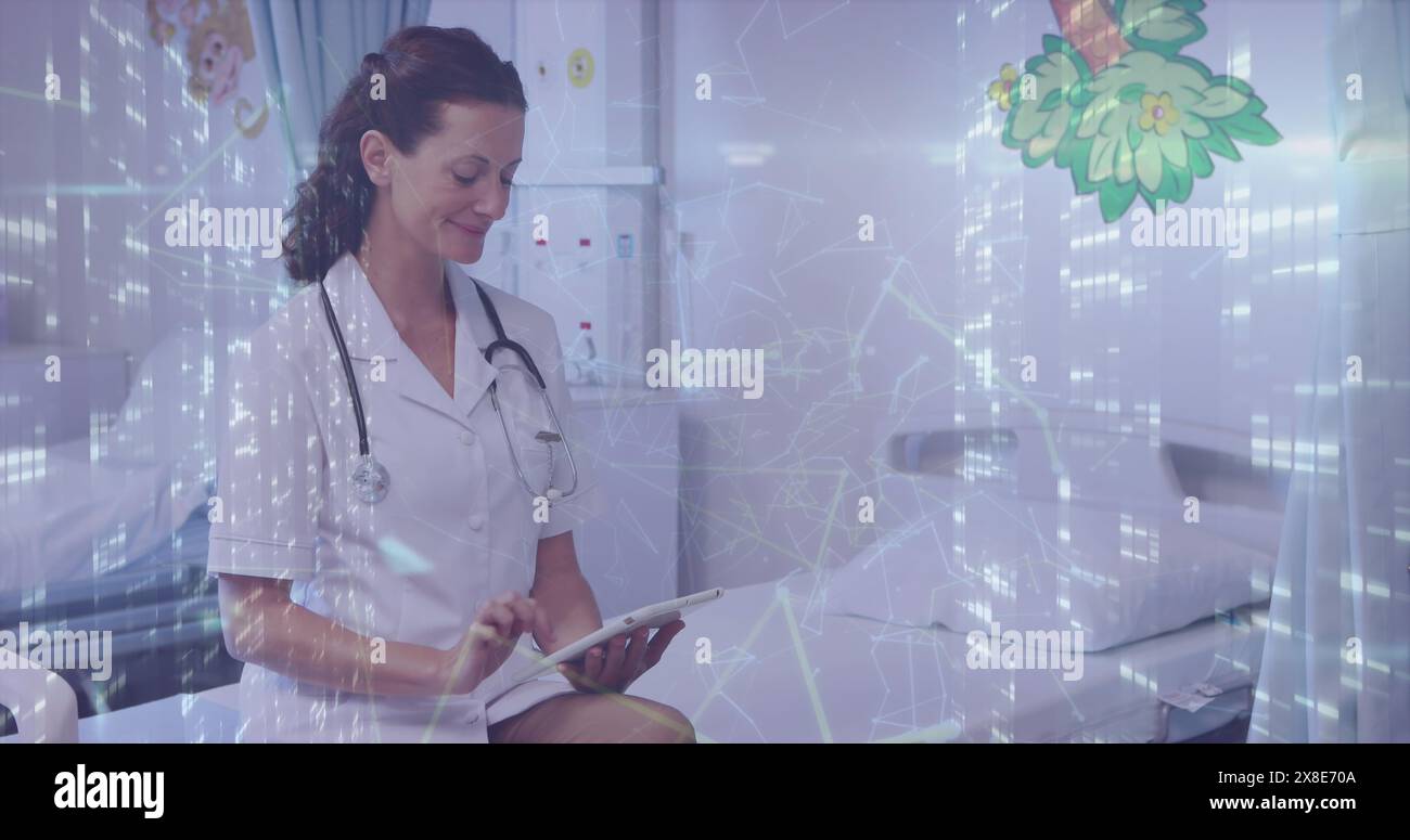 Image of screens of mosaic squares over female caucasian doctor using ...