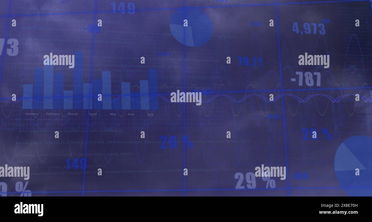 Image of statistical data processing over grid network against grey background Stock Photo - Alamy