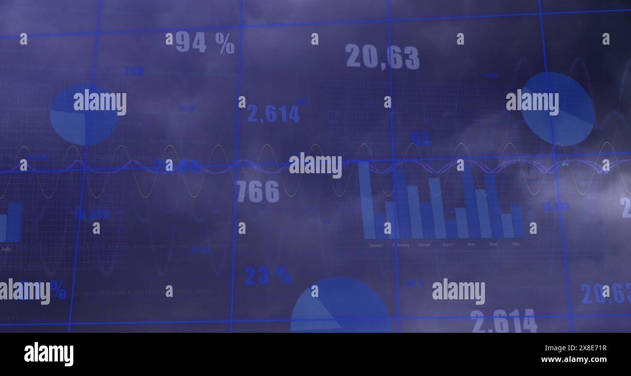 Image of statistical data processing over grid network against grey background Stock Photo - Alamy
