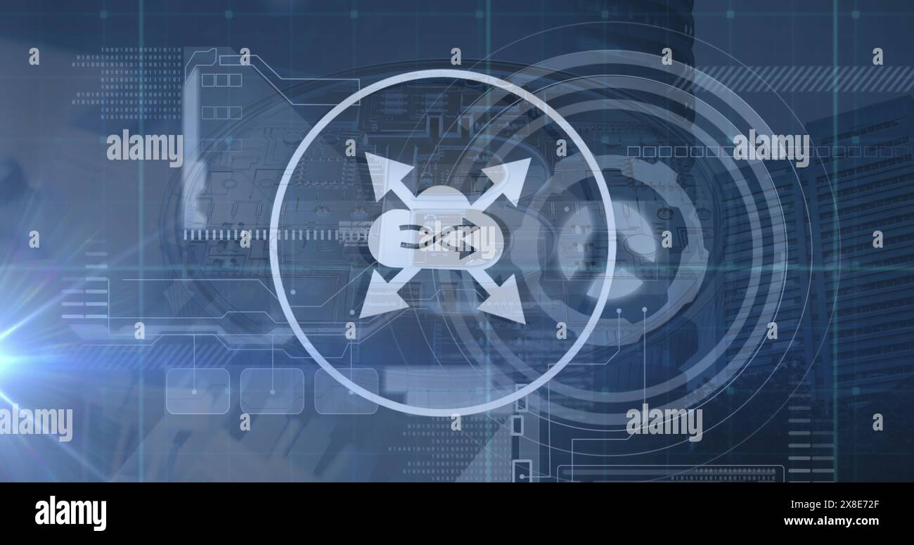 Image of network with icons and data processing with bitcoin symbol over cityscape Stock Photo ...