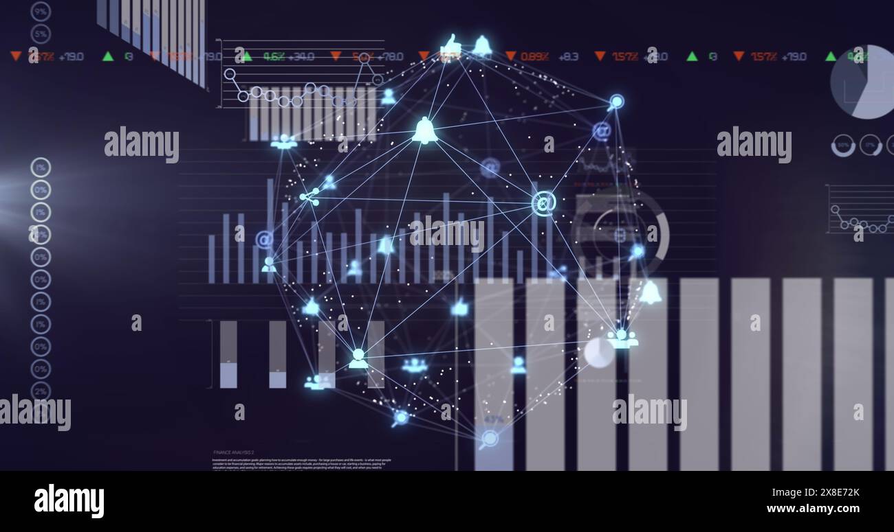 Image of icons connected with lines forming globe and rotating over infographic interface Stock ...