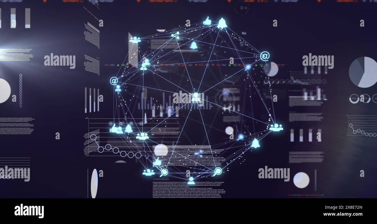 Image of icons connected with lines forming globe and rotating over infographic interface Stock ...