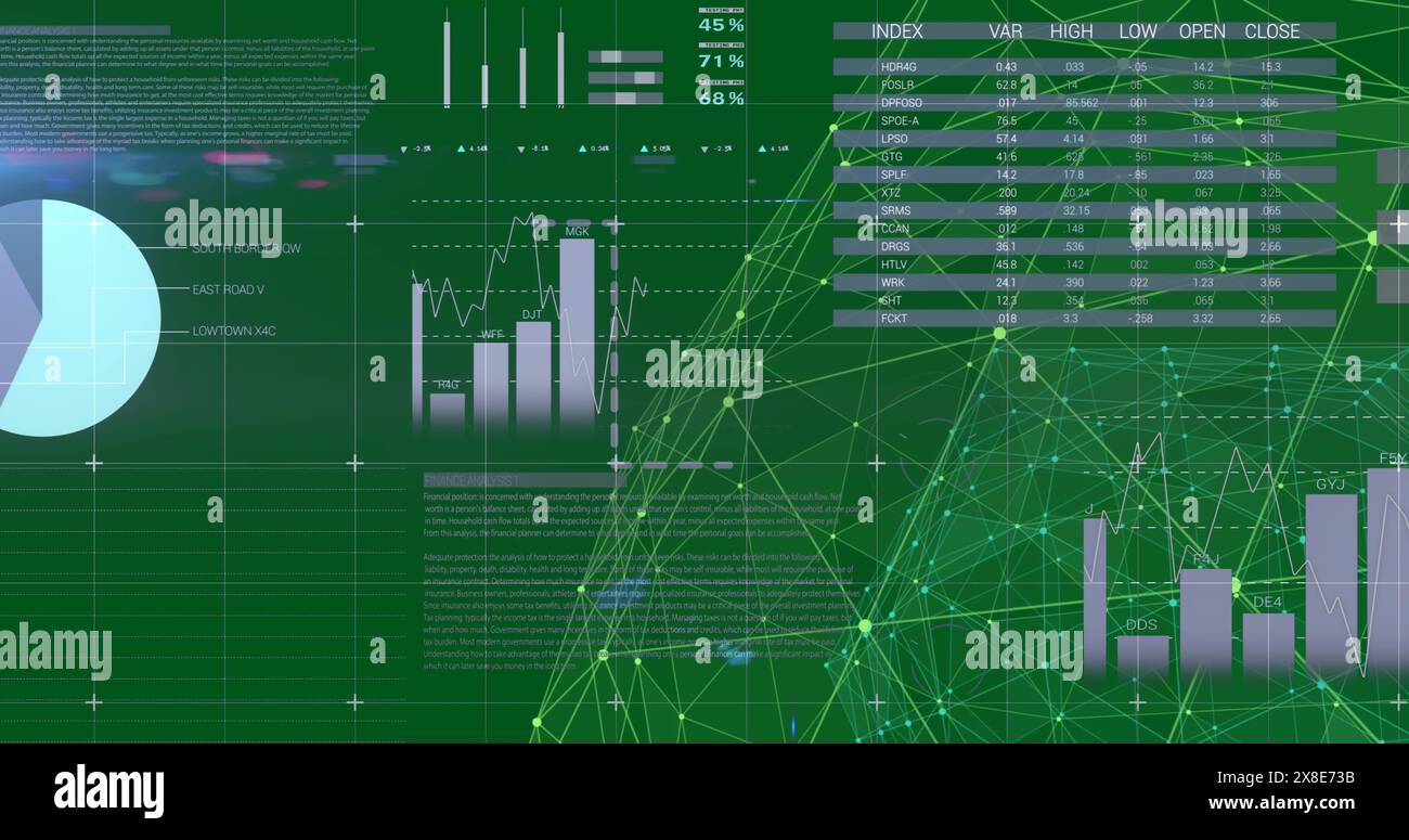 Image of connected dots forming globe and rotating over infographic ...