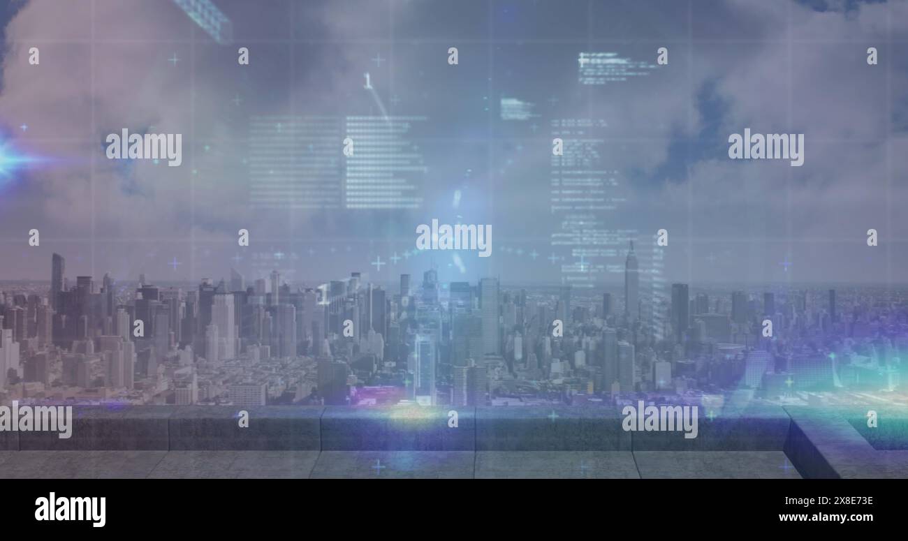 Image of statistical data processing and light spots against aerial ...