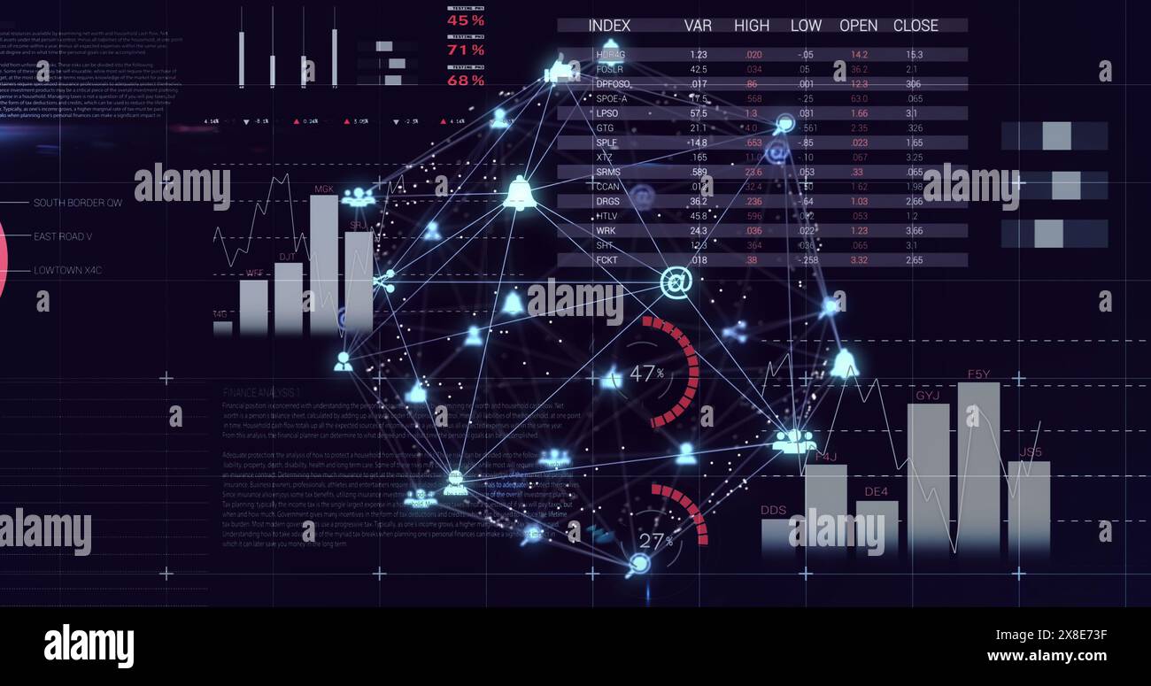 Image of statistical data processing and globe of digital icons against black background Stock ...