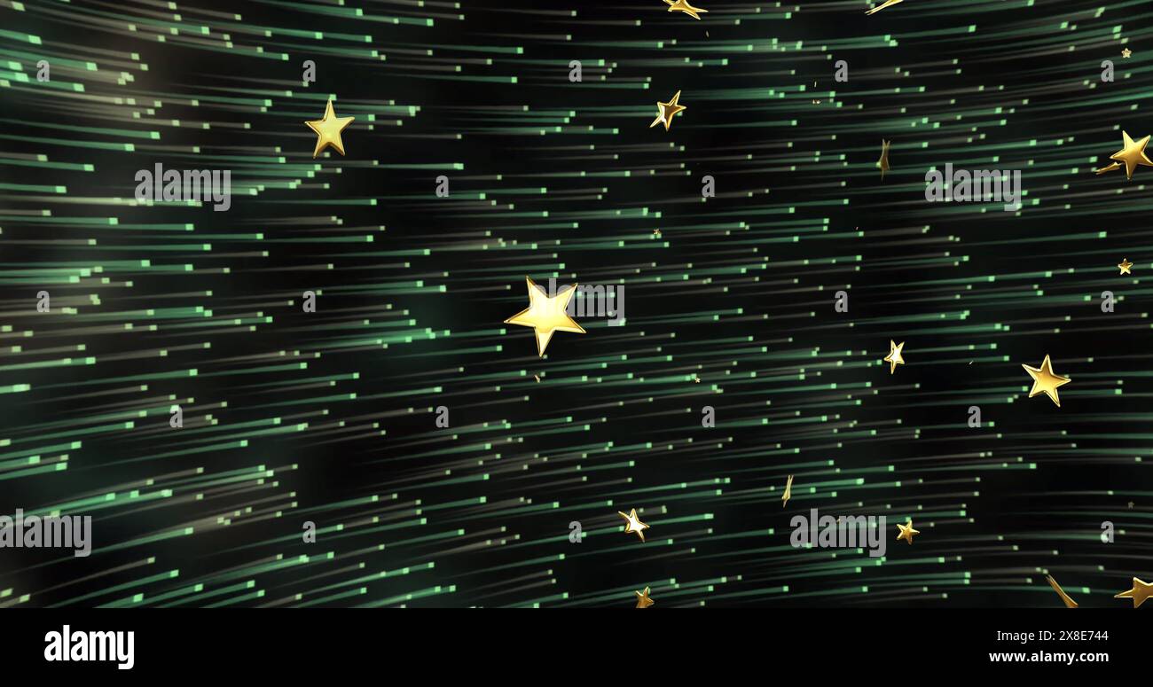 Image of gold stars falling over glowing green spots of light Stock ...