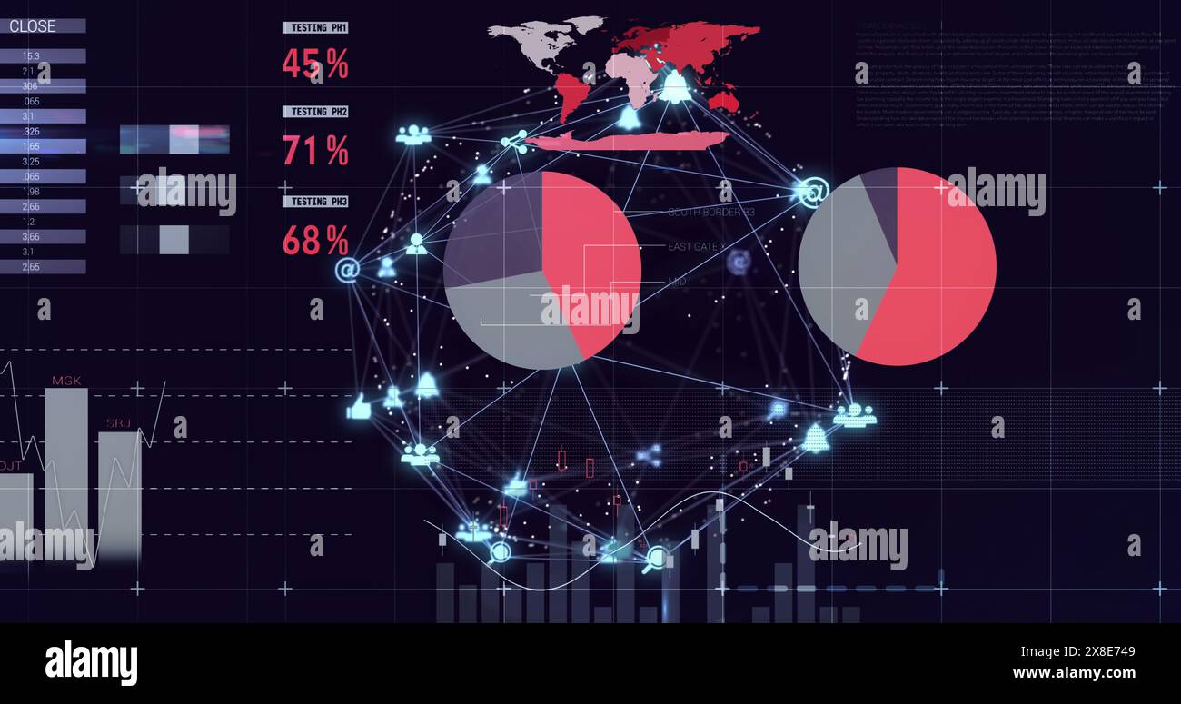 Image of statistical data processing and globe of digital icons against black background Stock ...