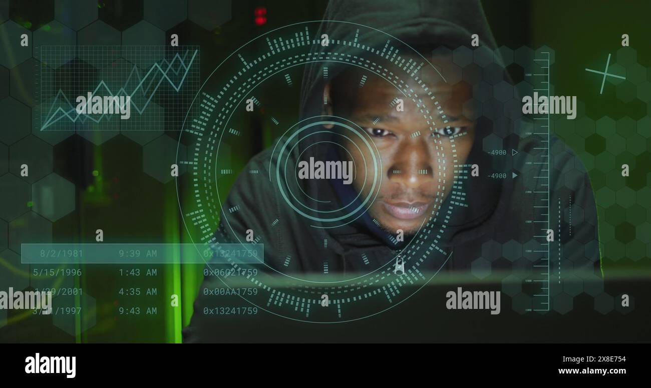 Image of data processing over african american male hacker in server ...