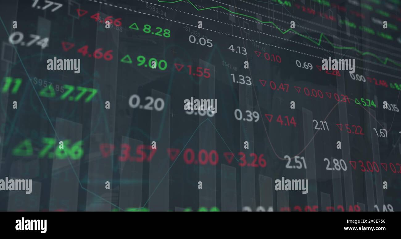 Image of stock market data processing over rear view of businessman ...