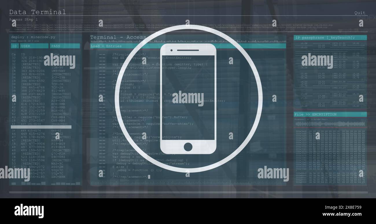 Image of smartphone icon over interface with data processing against ...