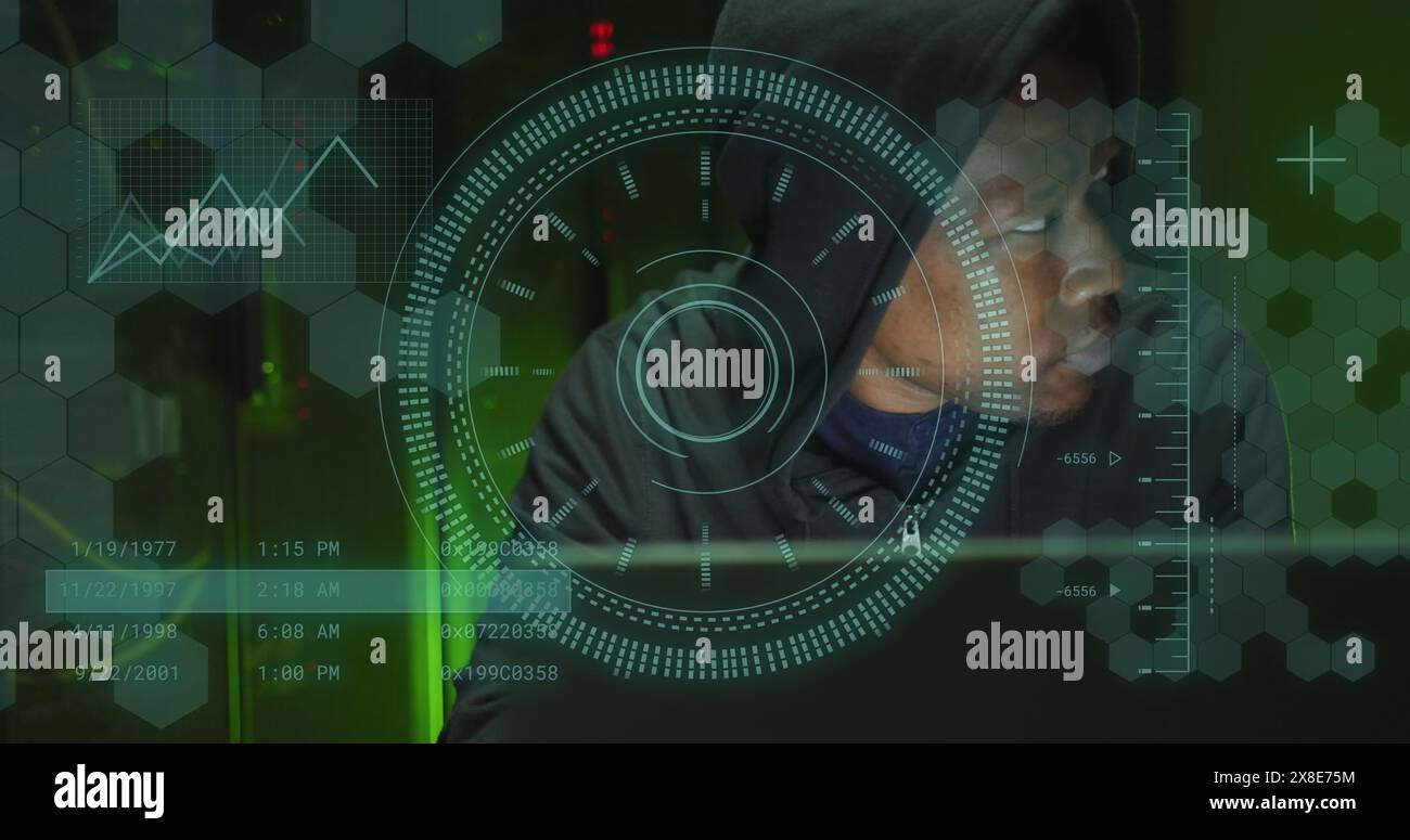 Image of data processing over african american male hacker in server ...