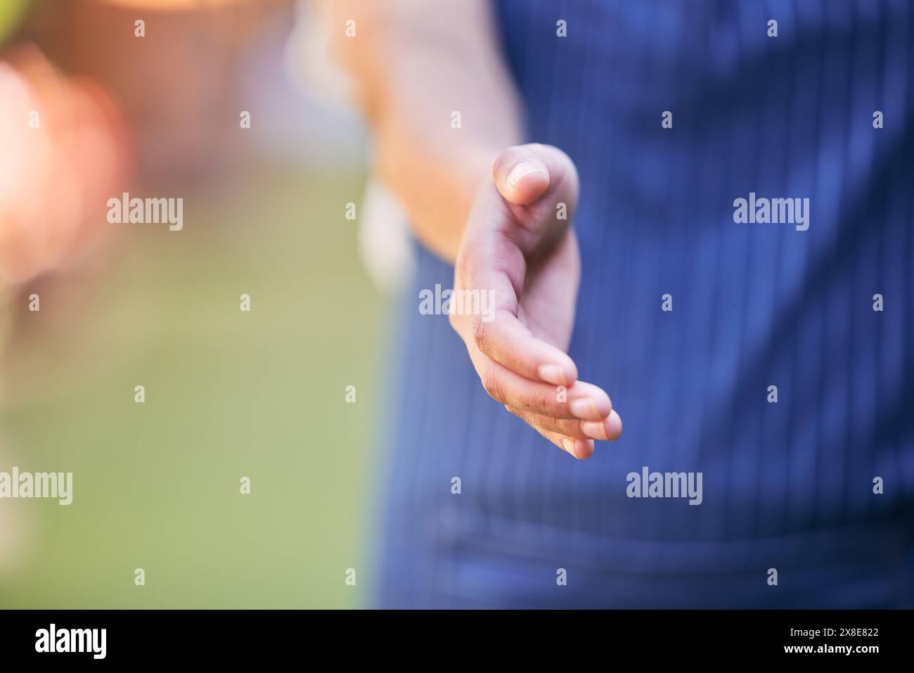 Person, hand and welcome handshake with pov for greeting, agreement and ...