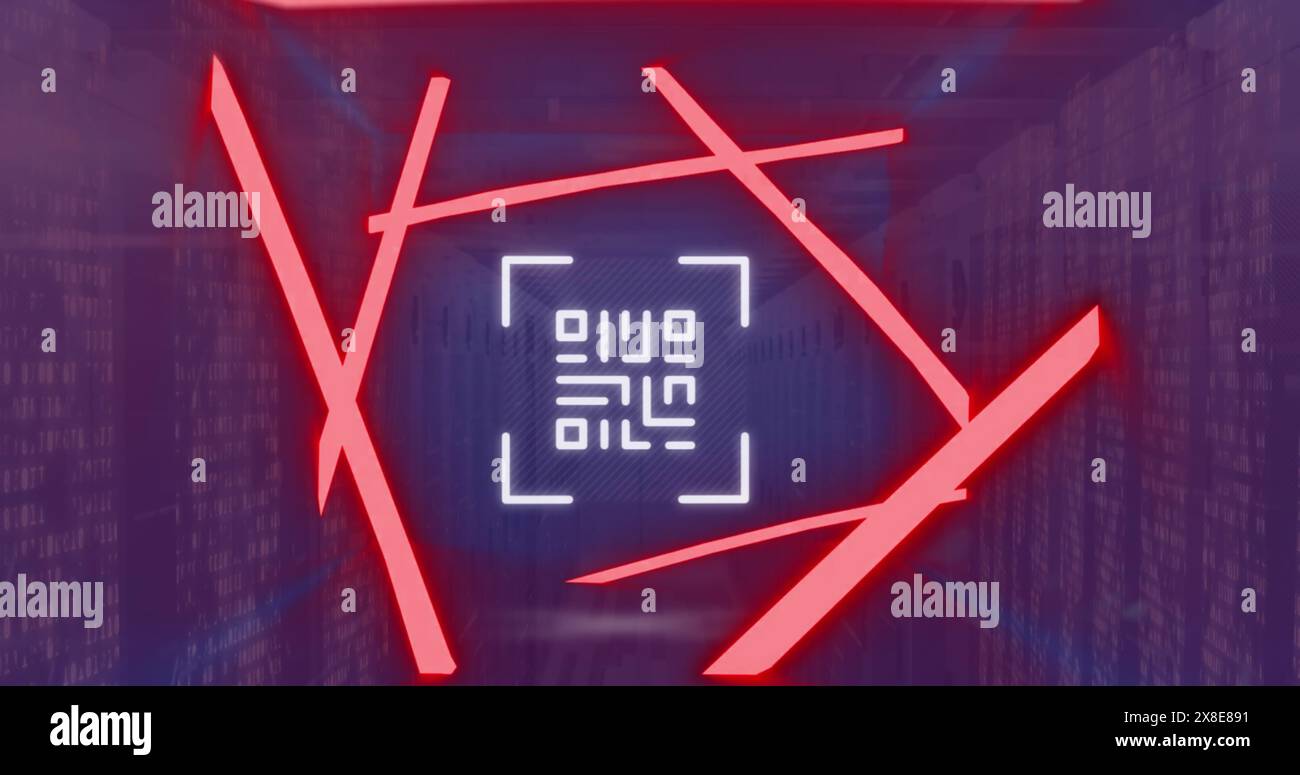 Image of red glowing light trails over barcode scanner against mosaic ...