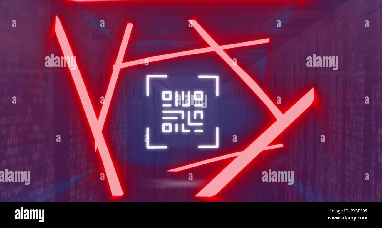 Image of red glowing light trails over barcode scanner against mosaic ...