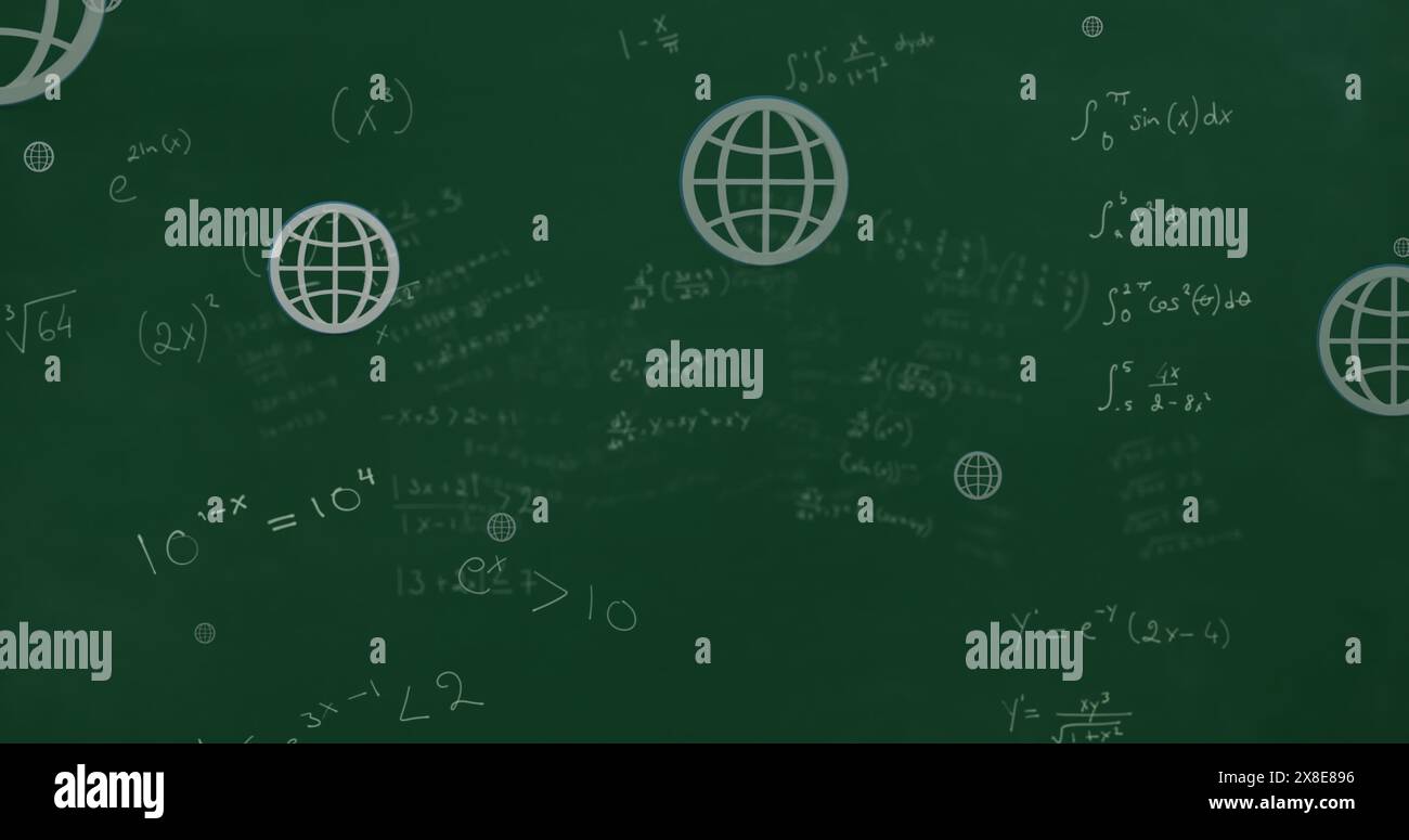 Image of mathematical equations and web globe icons floating against ...