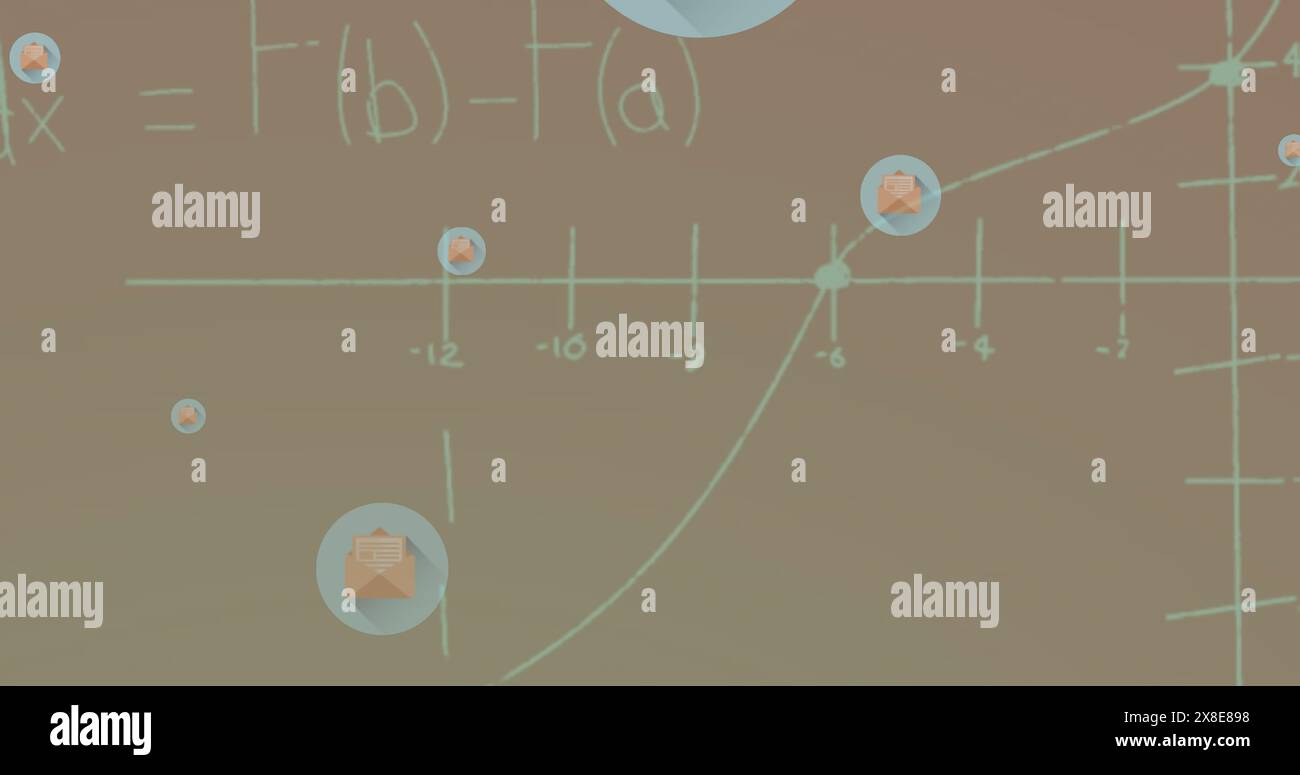 Image of mathematical equations and message icons floating against pink ...