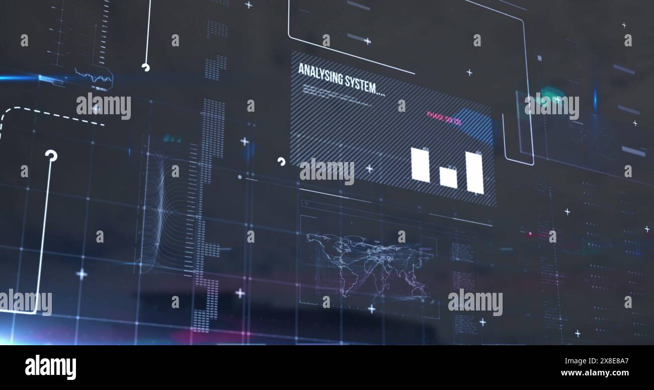 Image of interface with data processing and blue light spot against ...