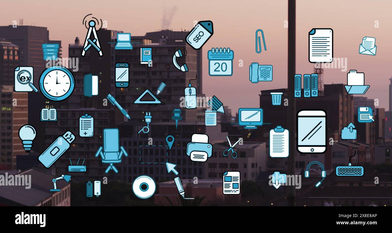 Image of multiple business concept digital icons against aerial view of ...