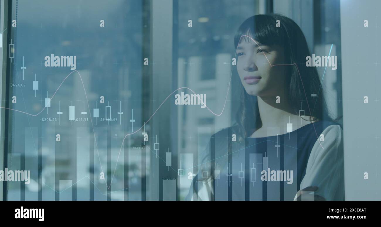 Image of multiple graphs moving over thoughtful asian woman looking ... Image of multiple graphs moving over thoughtful asian woman looking ...