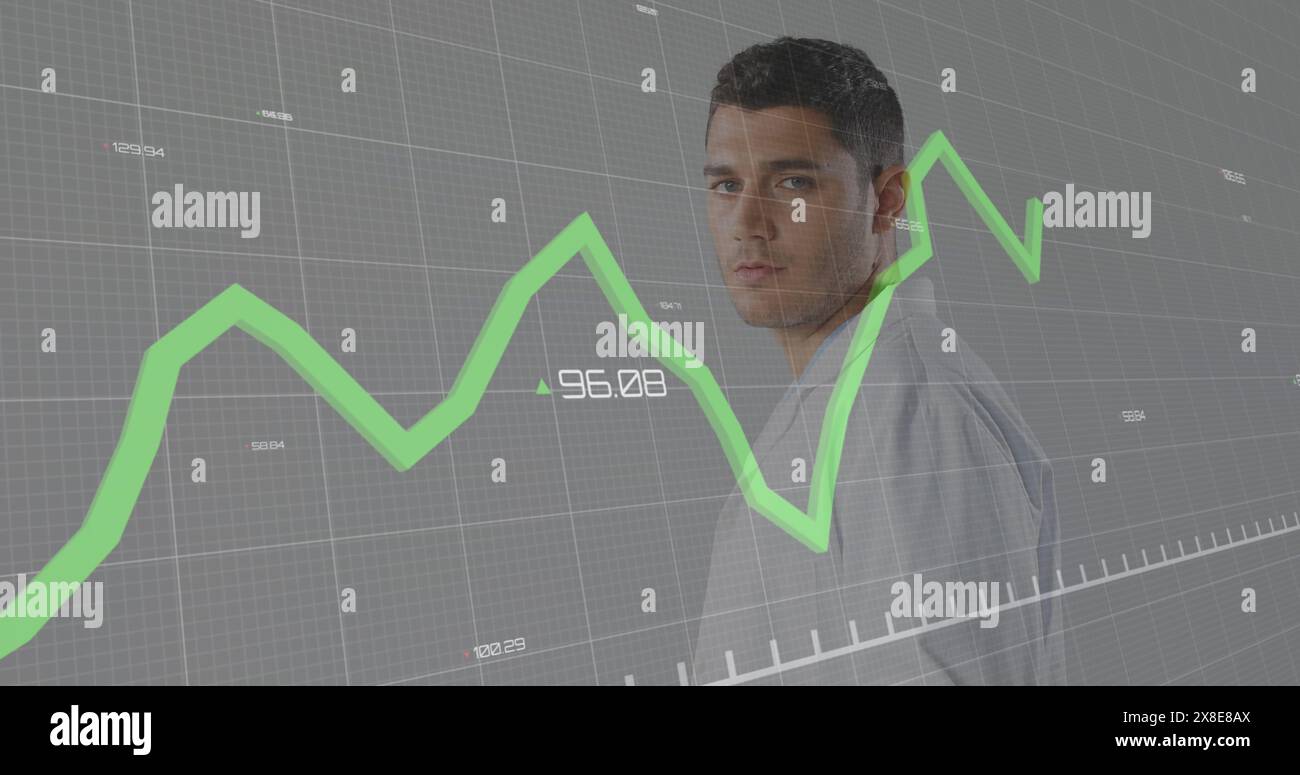 Image of graph with changing numbers over caucasian male doctor using ...