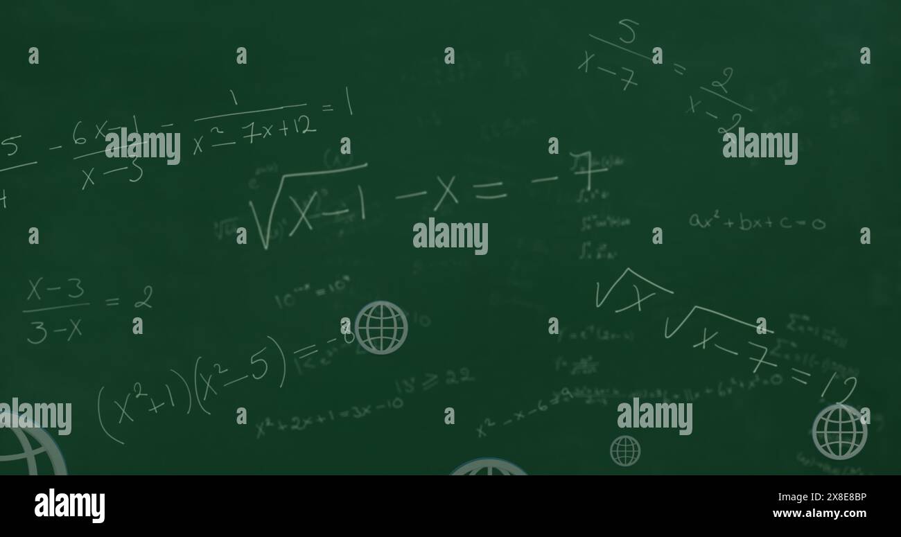 Image of mathematical equations and web globe icons floating against ...