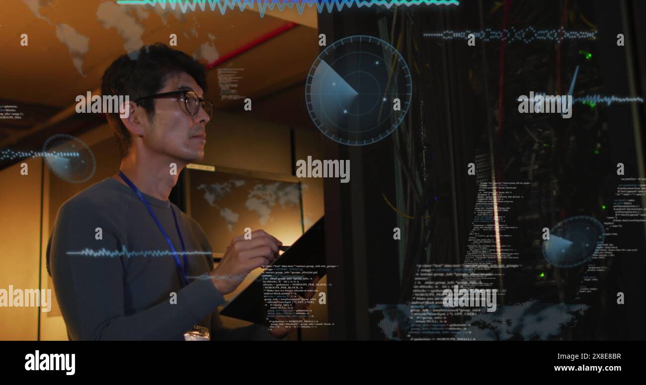 Image of data processing over over asian male engineer taking notes ...