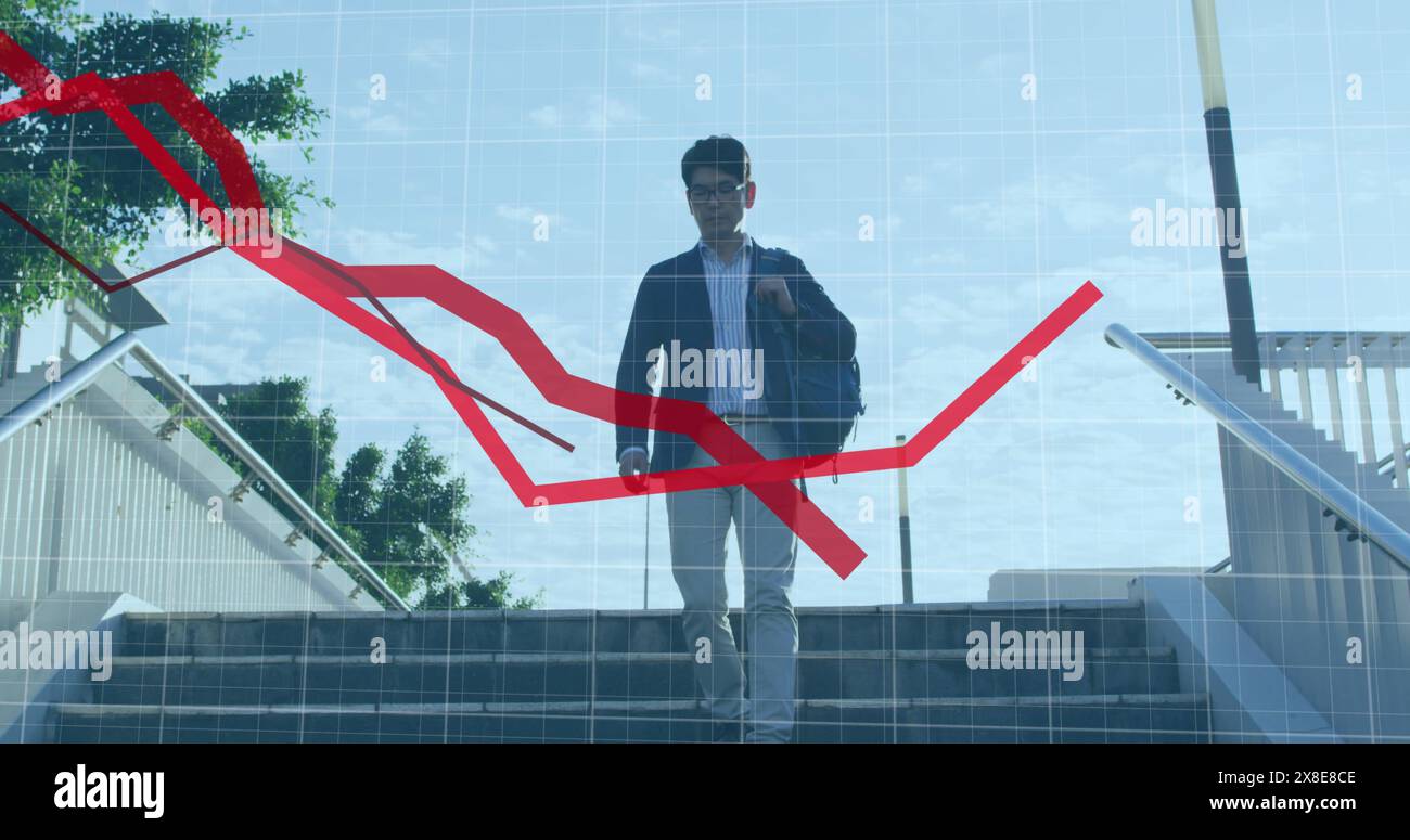 Image of financial data processing with red lines over asian ...