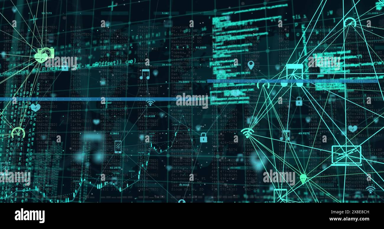 Image of two globes of digital icons and data processing over grid network against world map ...