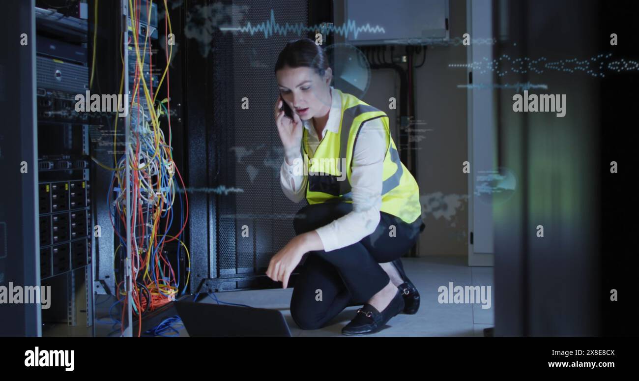 Image Of Data Processing Over Caucasian Female Engineer Talking On Smartphone At Server Room