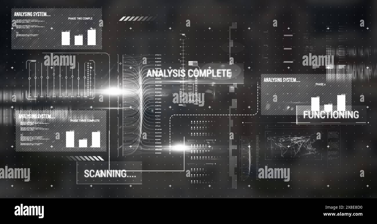 Image of interface with data processing and light spot against grey ...