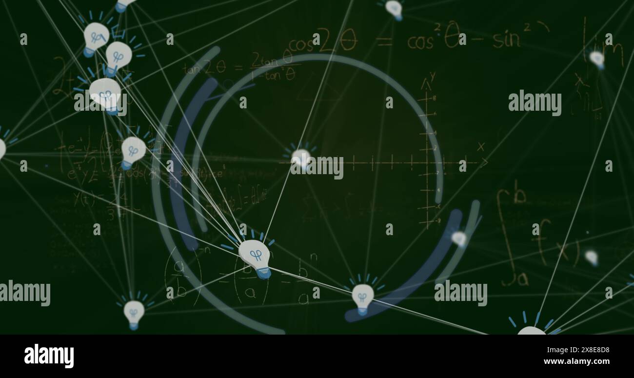 Image of mathematical equations and network of bulb icons against green ...