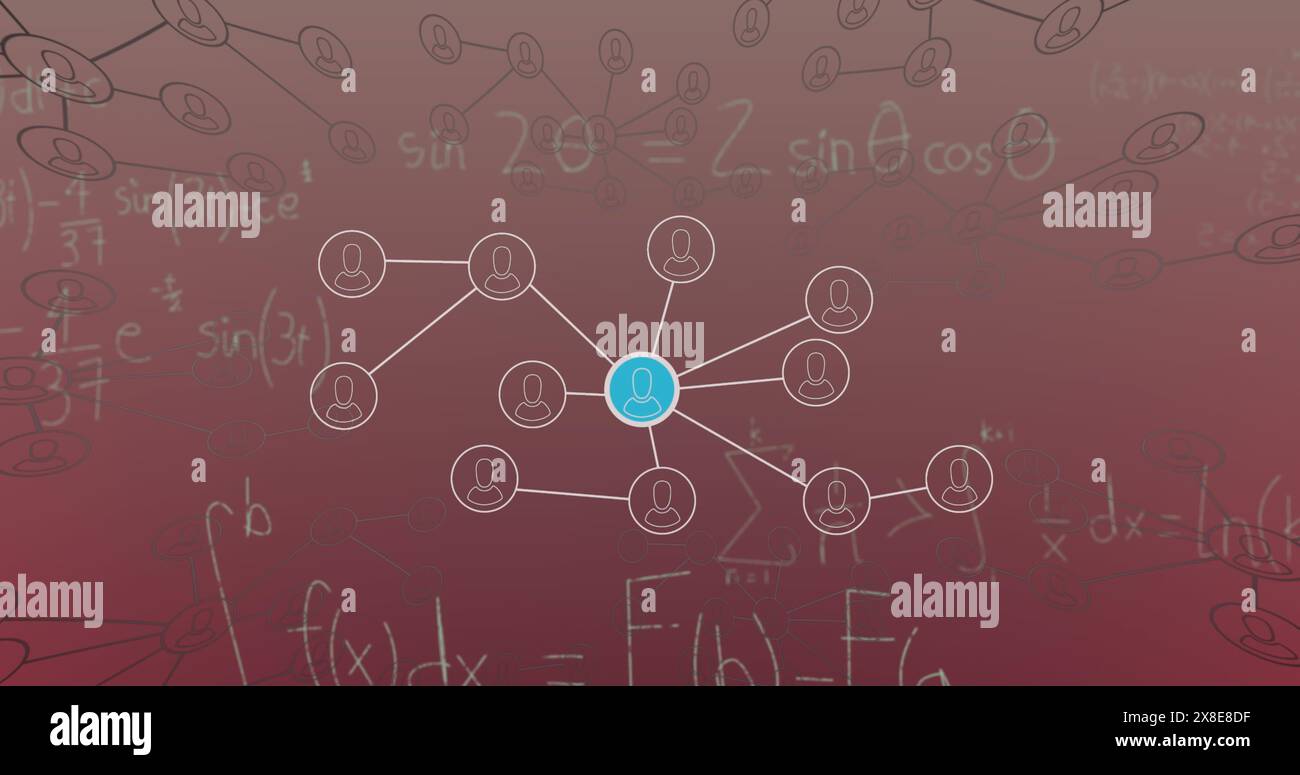 Image of mathematical equations and network of profile icons against ...