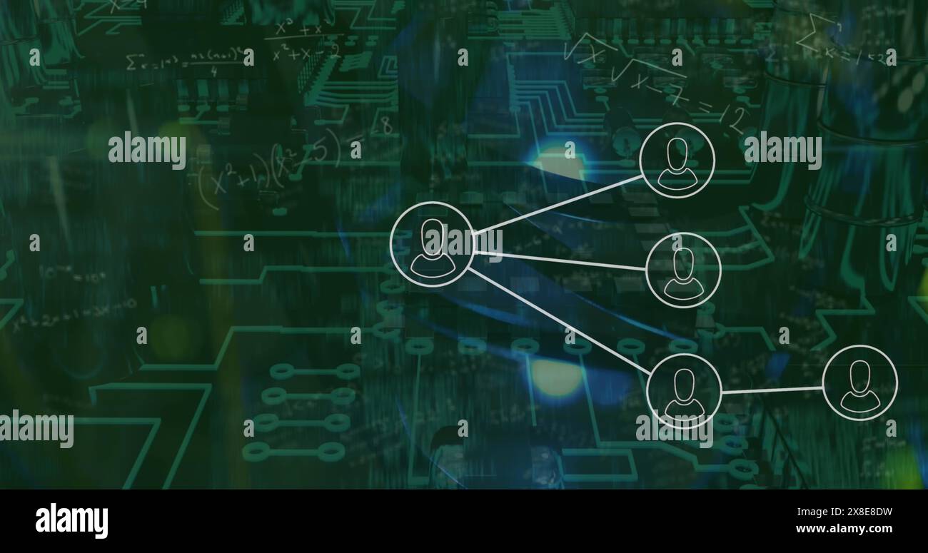 Image of mathematical equations and network of profile icons over ...
