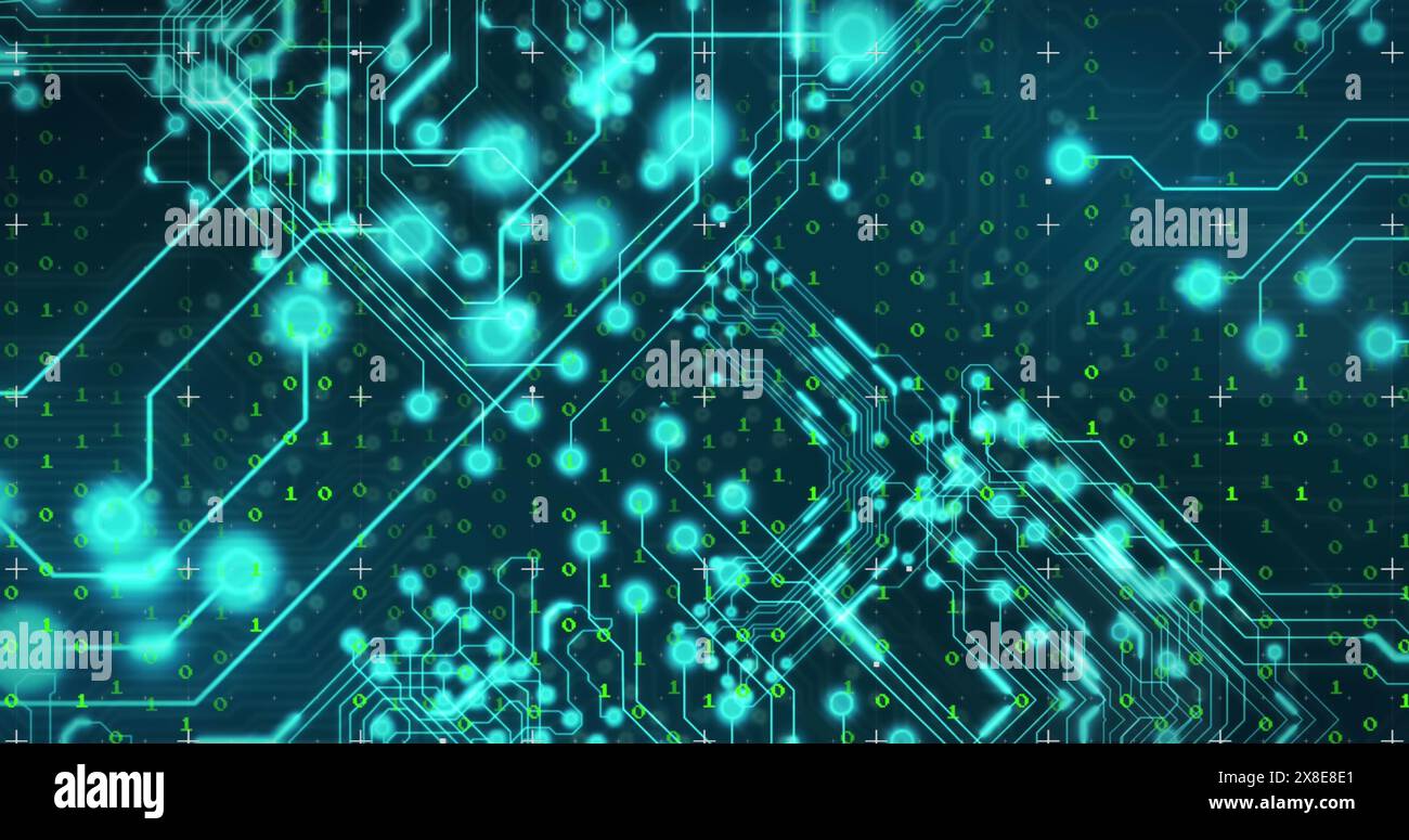 Image Of Binary Coding And Glowing Microprocessor Connections Against Blue Background Stock 
