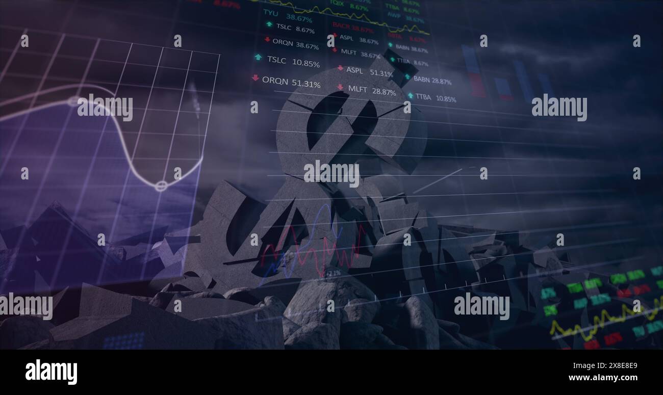 Image of data processing over broken dollar symbols and dark clouds ...