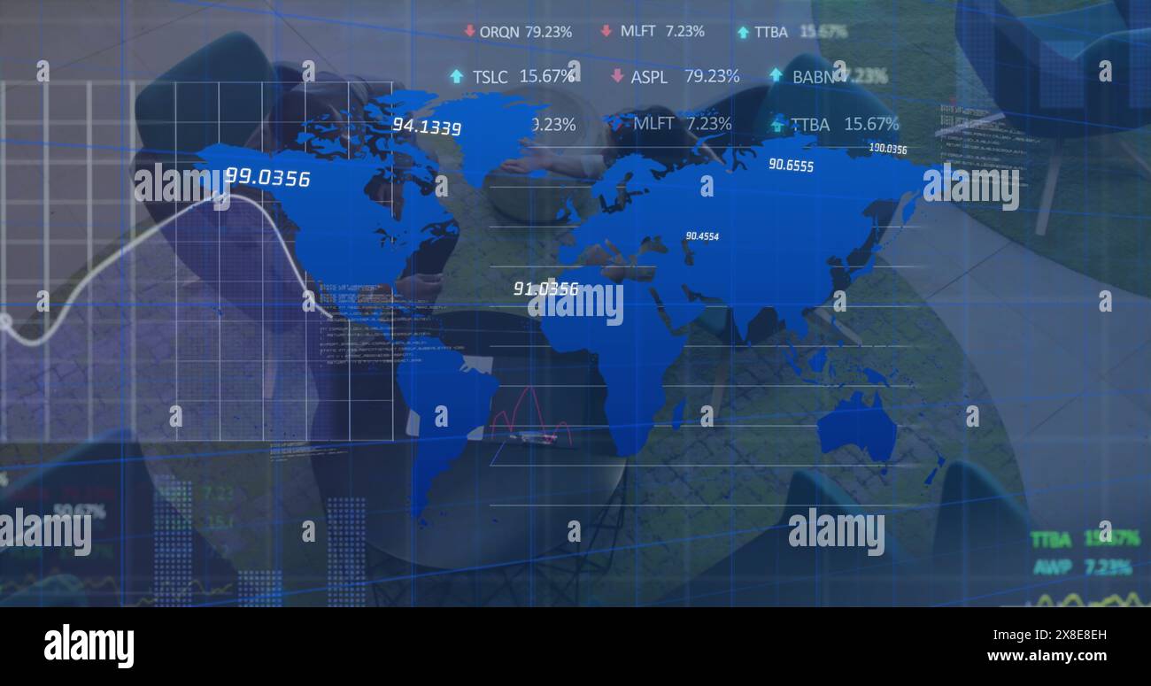 Image of map, graphs, trading boards, high angle of diverse coworkers ...