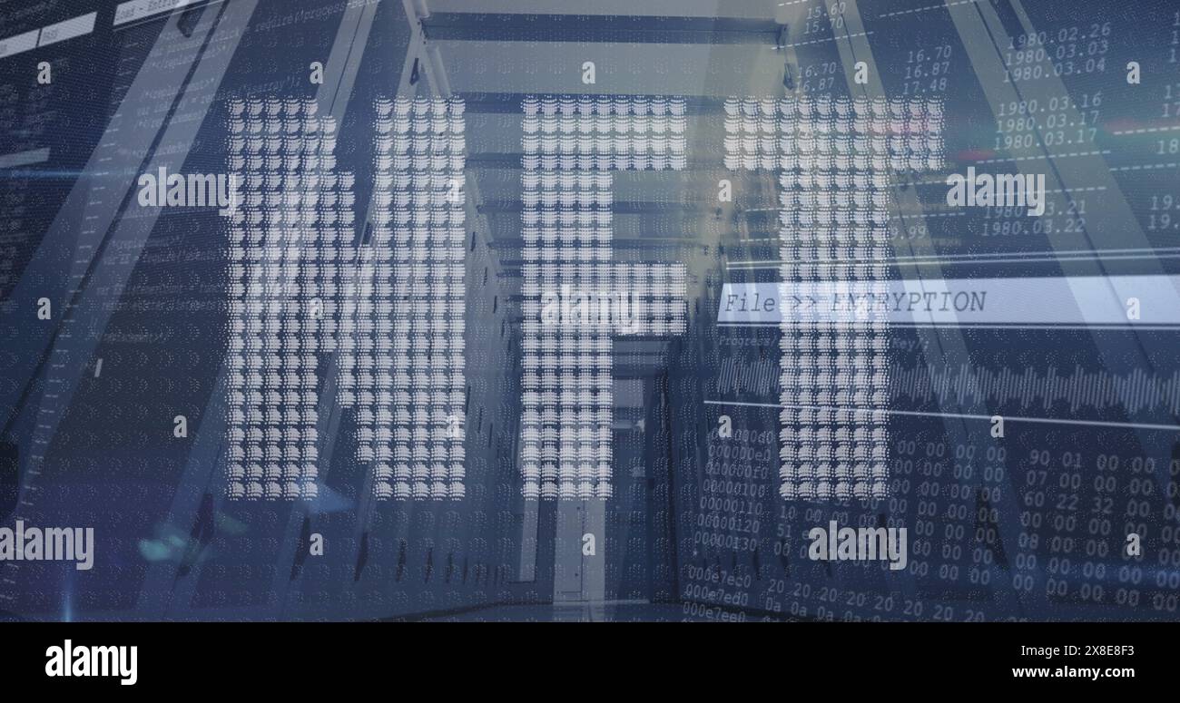 Image of nft text banner and data processing against computer server Stock Photo - Alamy