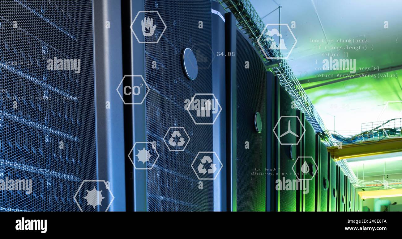 Image of data processing with icons over server room Stock Photo - Alamy