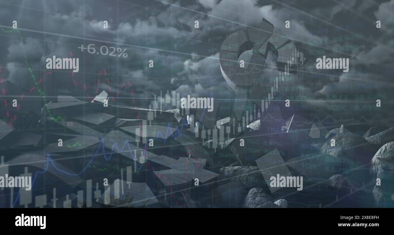 Image of data processing over broken dollar symbols and storm Stock ...