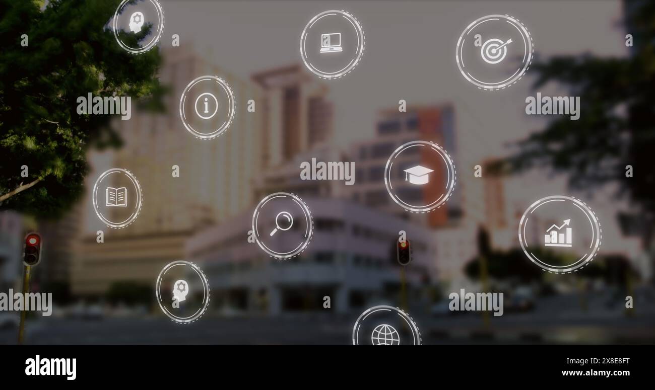 Image of falling icon in circles over time-lapse of people walking ...