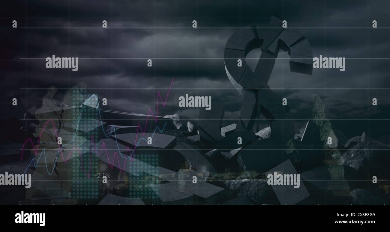 Image of data processing over broken dollar symbols and dark clouds ...
