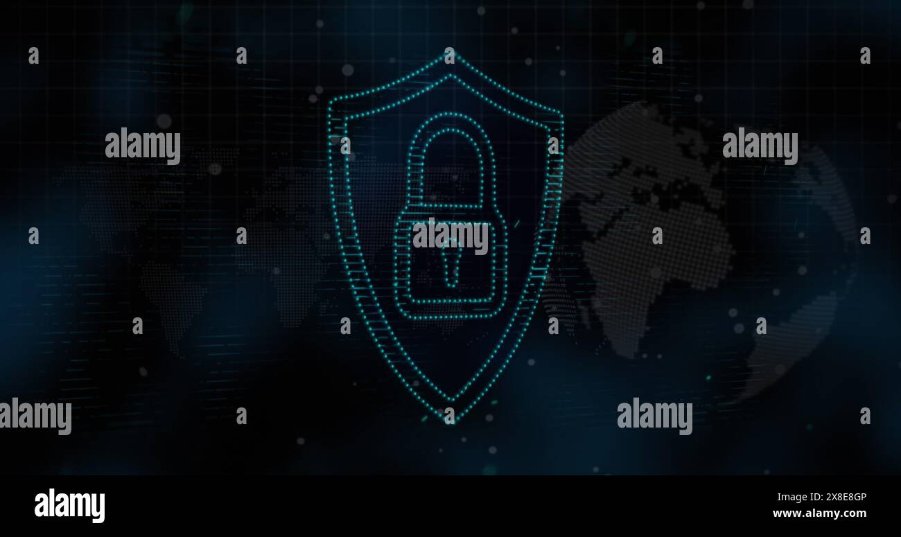 Image of white spots over security padlock icon against spinning globe and world map Stock Photo ...