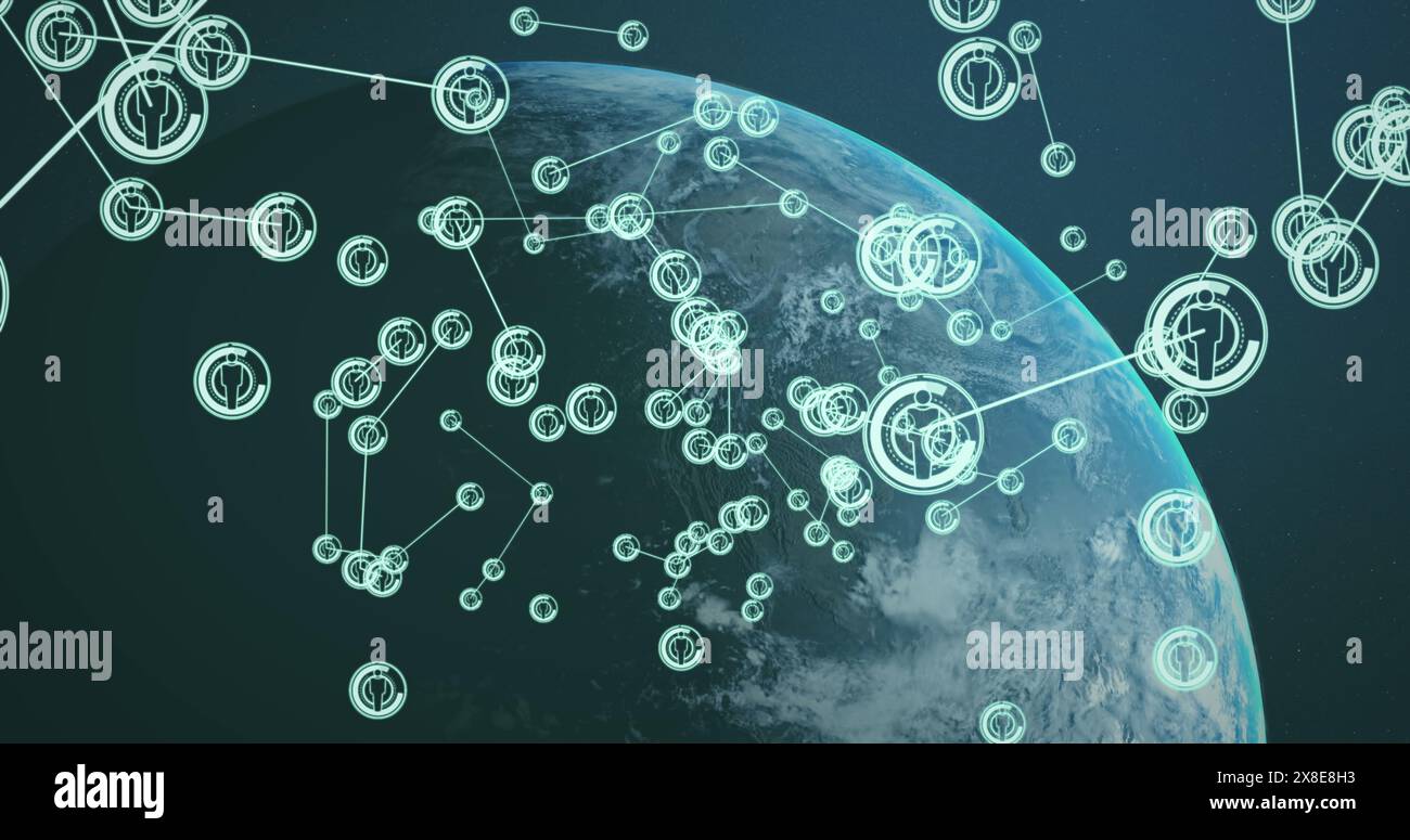 Image of network of connections with icons over globe on black background Stock Photo - Alamy