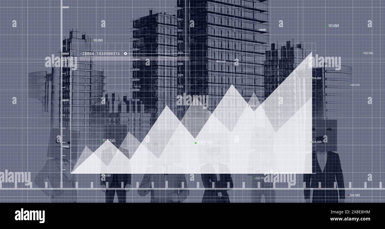 Image of statistical data processing over tall bindings against grey background Stock Photo - Alamy