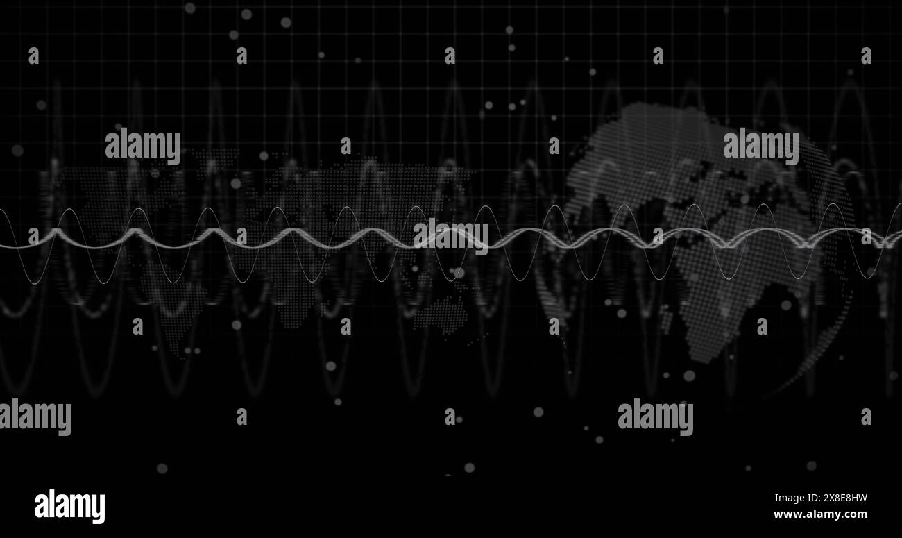 Image of white spots and digital wave over globe and world map against ...