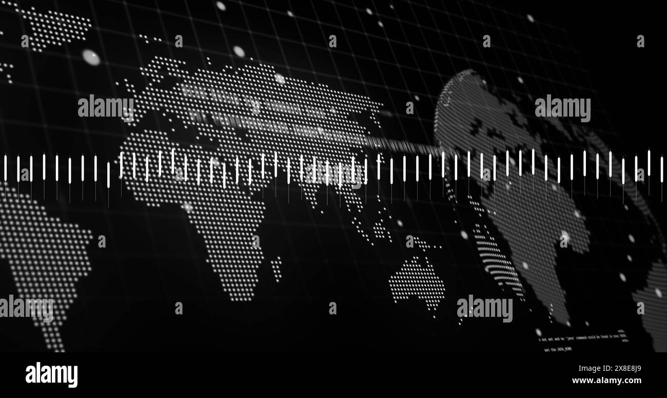 Image of data processing, world map and globe over grid network against black background Stock ...
