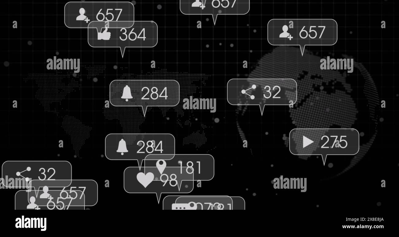 Image of social media icons with numbers over spots and globe on black background Stock Photo ...