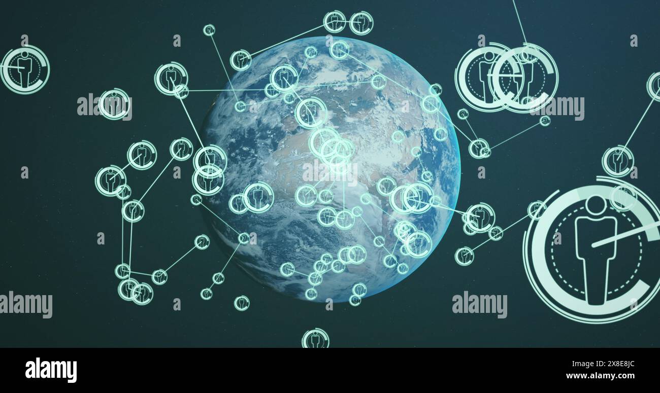 Image of network of connections with icons over globe on black ...