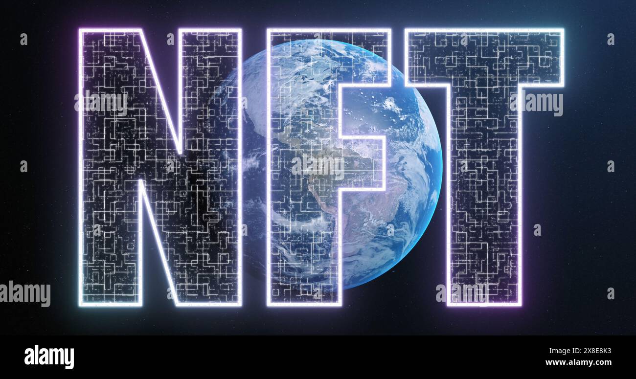 Image of nft text over globe on black background Stock Photo - Alamy